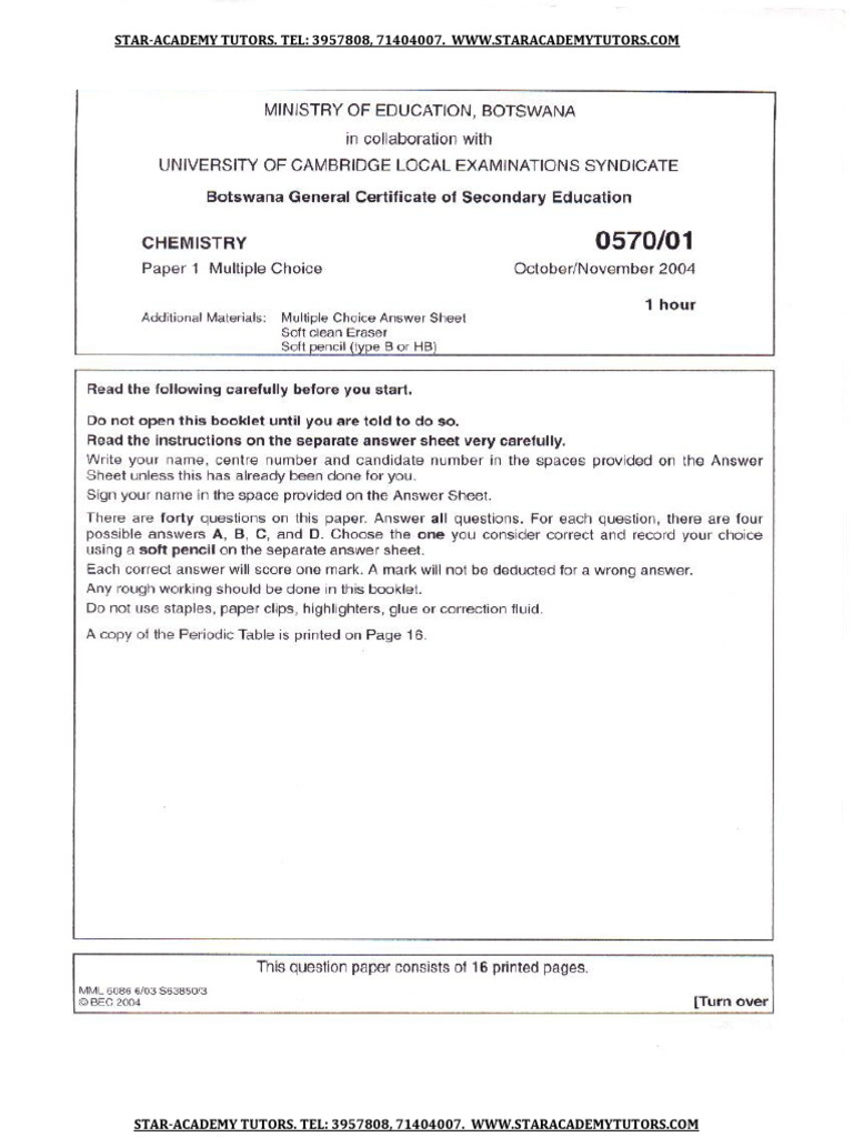 BGCSE Chemistry Paper 1, 2004 | PDF