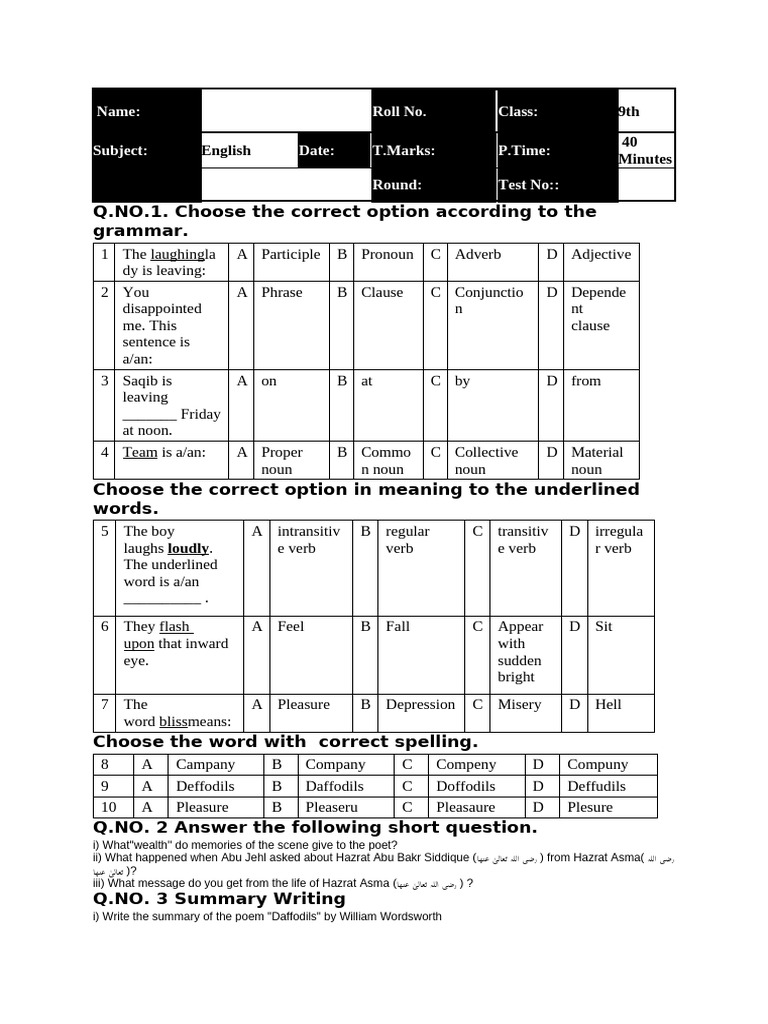 9th Grade English Test Questions | PDF | Verb | Noun