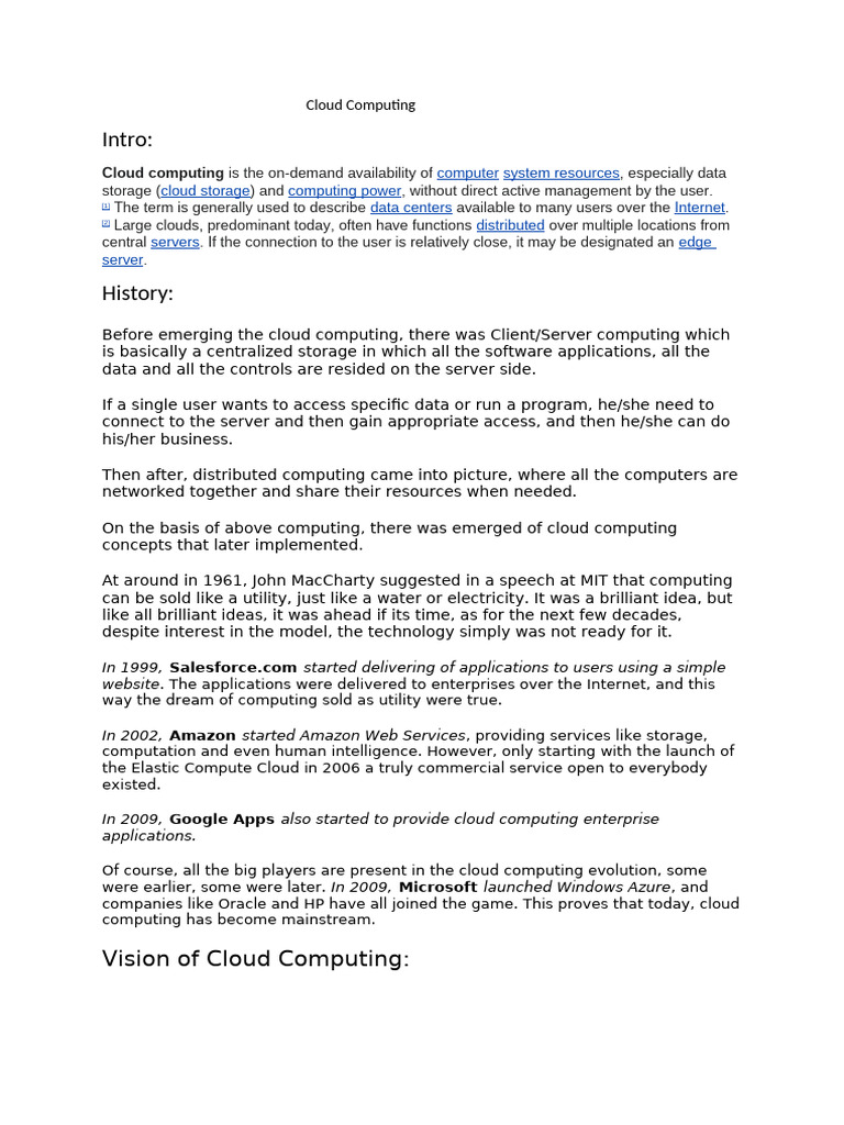 Cloud Computing-HistoricalDevelop, Vision, Characterstics, Reference Model | PDF