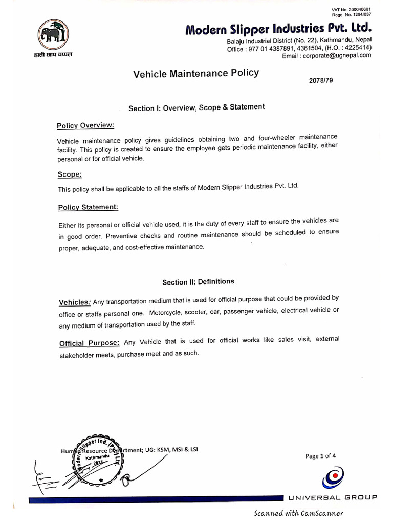 Vehicle Maintenance Policy | PDF