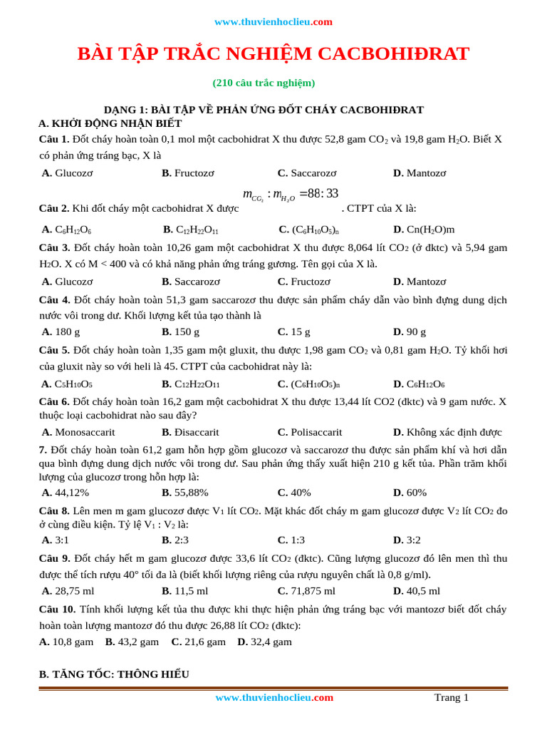 210 Cau Trac Nghiem Cacbohidrat Co Dap An | PDF