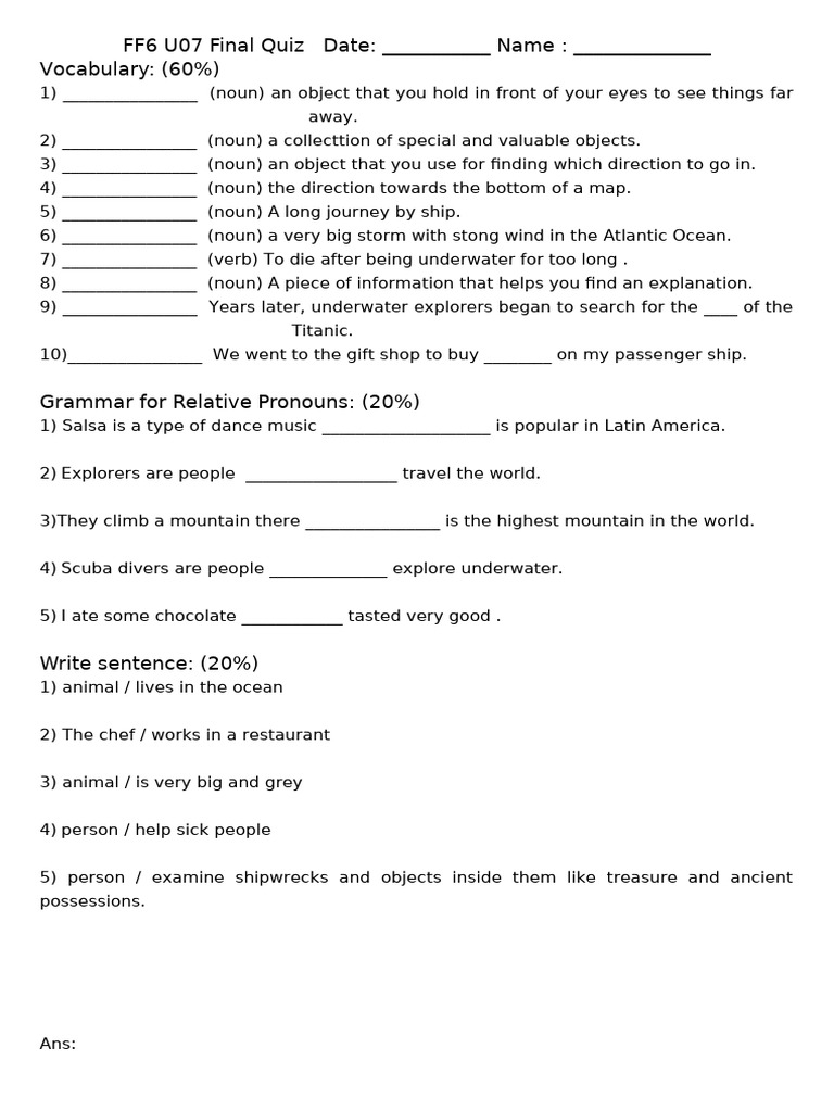 天生小考FF6 U7 Final Quiz (which and who) | PDF