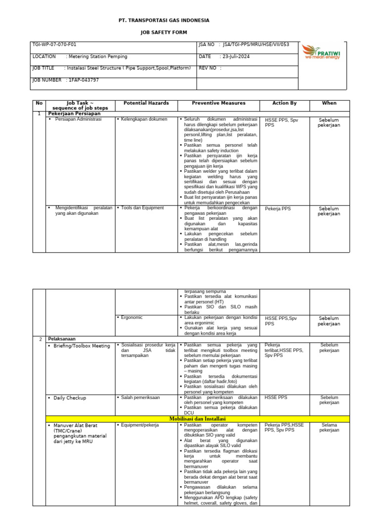 JSA Instalasi Steel Structur | PDF