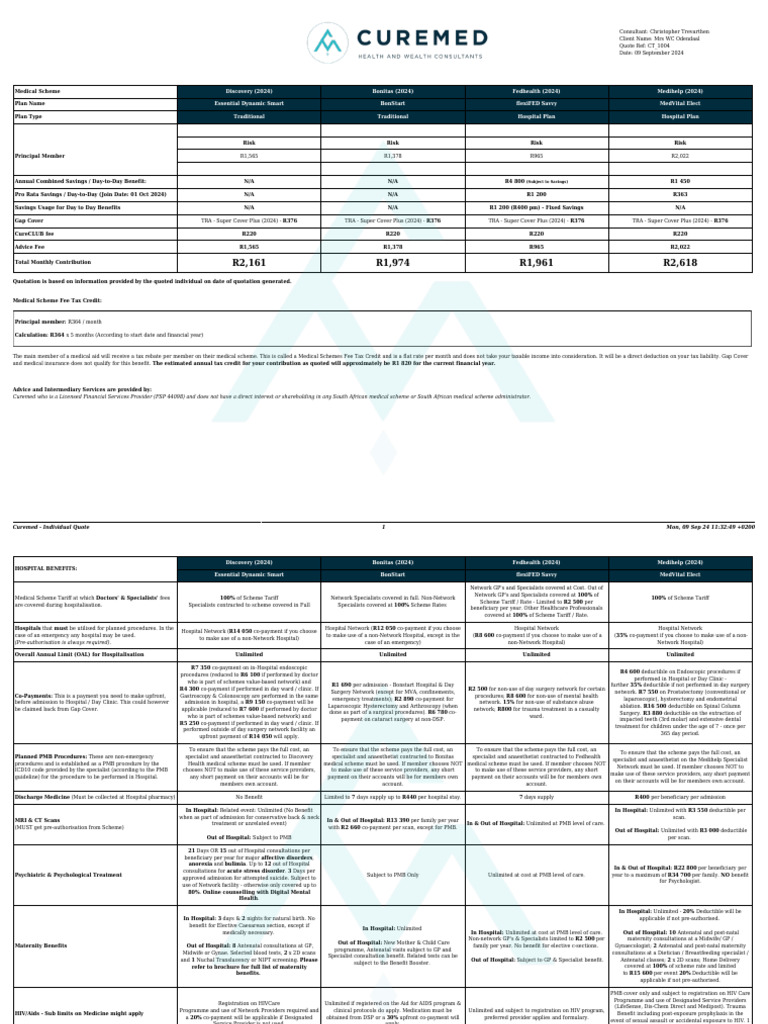 Medical Scheme Quote WC Odendaal CT 1004 | PDF