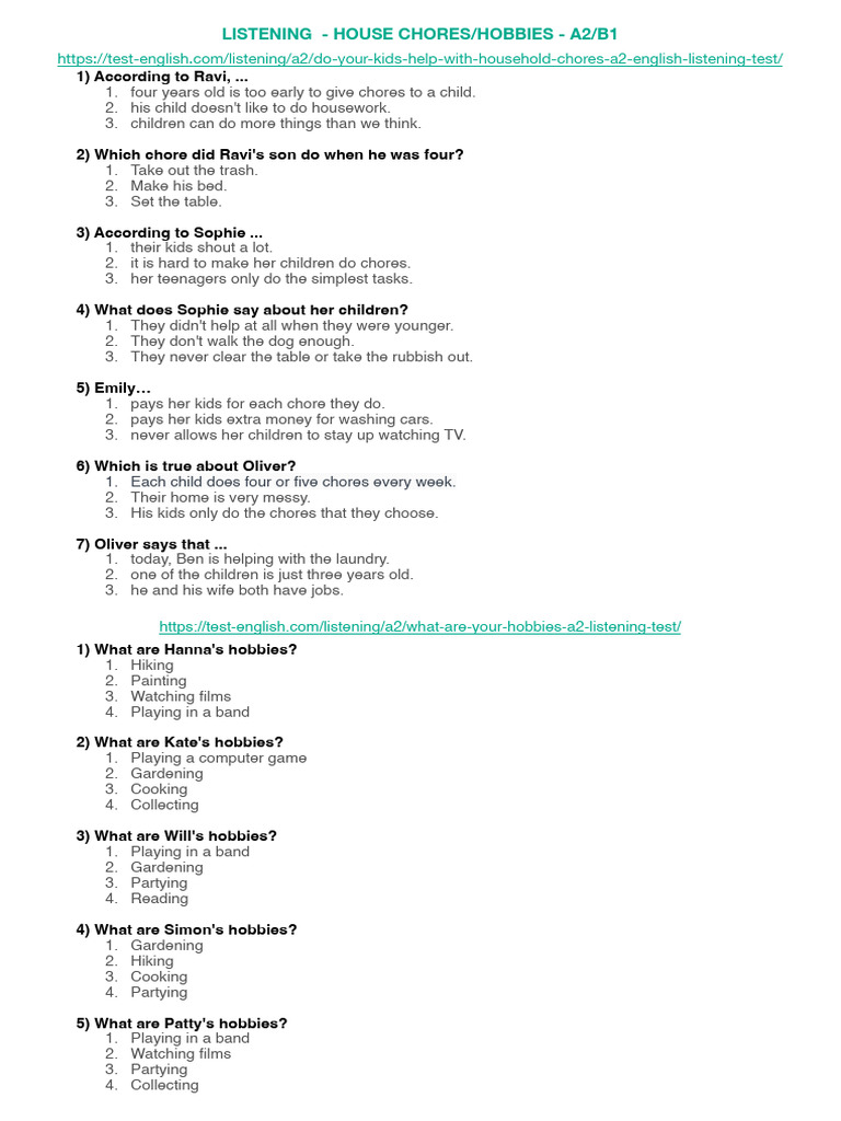 Listening A2-B1 - Daily Routine Hobbies | PDF