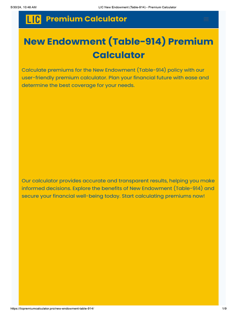 LIC New Endowment (Table-914) - Premium Calculator | PDF