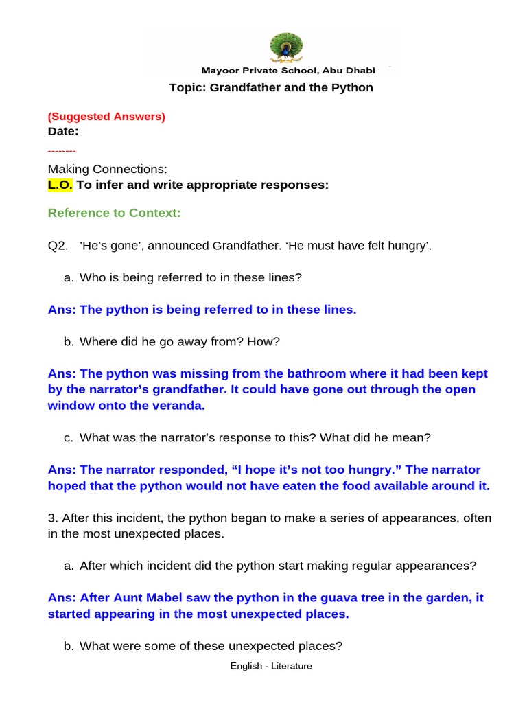Gr. 8 Grandfather and The Python - Notes | PDF