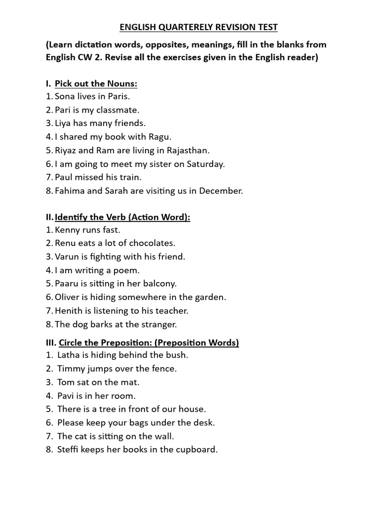 Class 1 English Revision Test Guide | PDF | English Language | Language ...