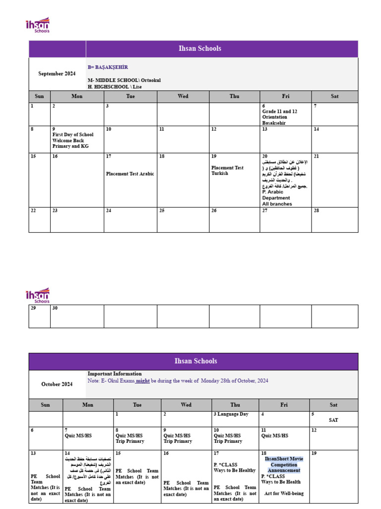 BasakSehir - Ihsan Annual Calendar 2024-2025 | PDF