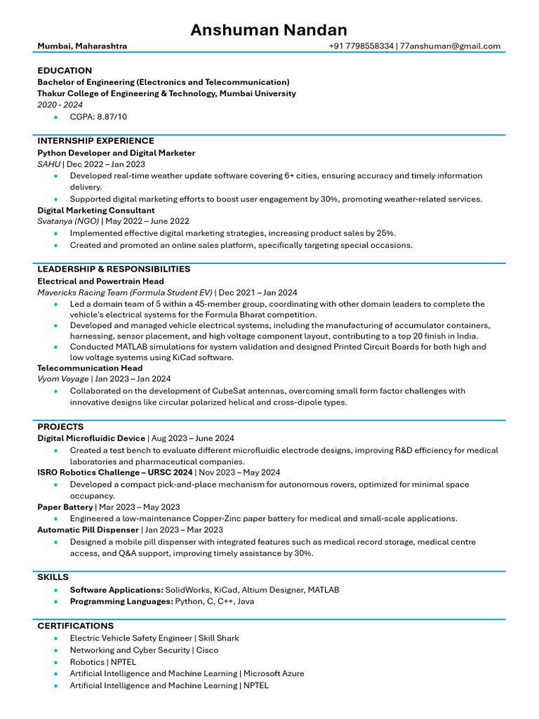 Anshuman Shashi Nandan Resume | PDF