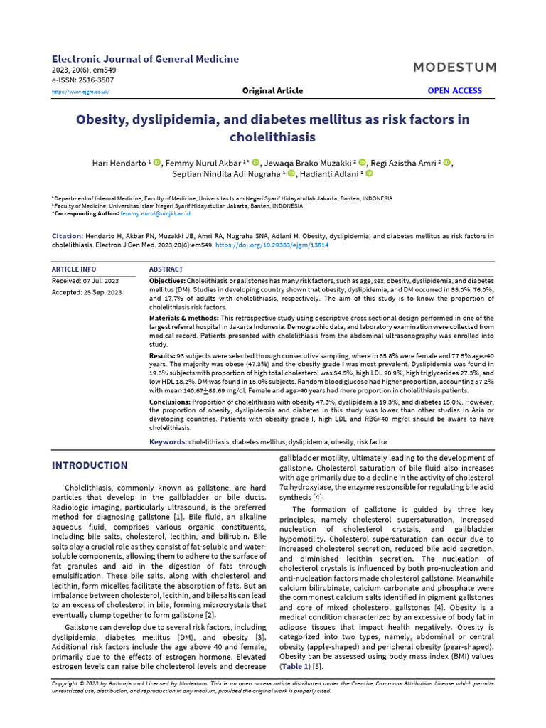 Obesity Dyslipidemia and Diabetes Mellitus As Risk Factors in ...