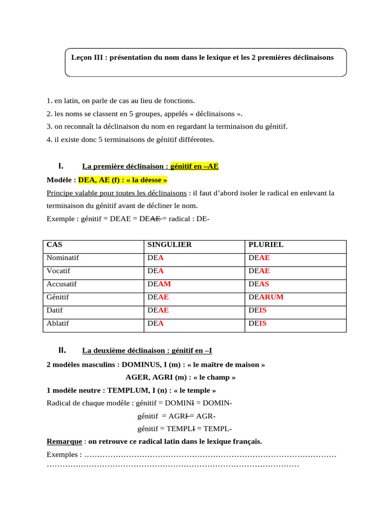 Leçon 3 Déclinaisons 1 Et 2 | PDF