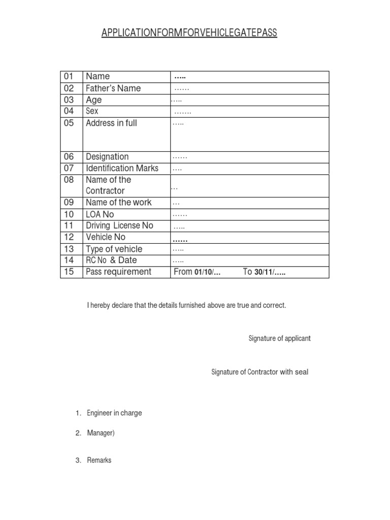 Vehicle Gate Pass Form | PDF
