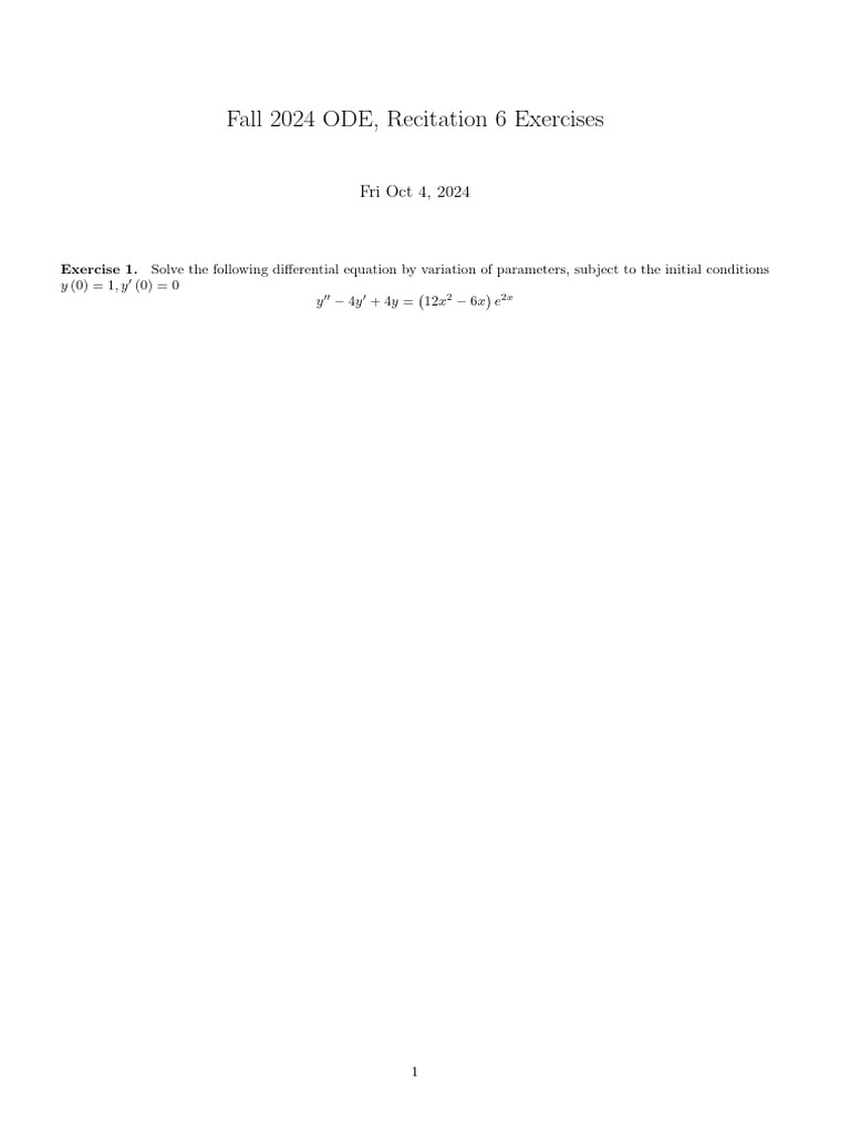 Fall 2024 ODE Recitation 06 Exercises | PDF