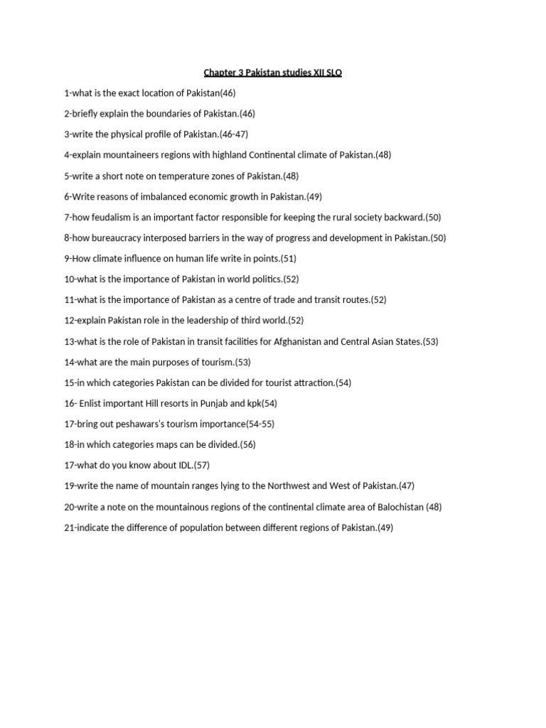 XII SLO Chapter 3 Pakistan Studies | PDF