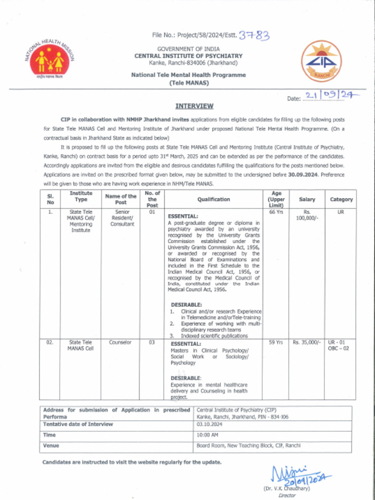 Interview Advertisement For Various Posts Under State TeleManas Cell ...