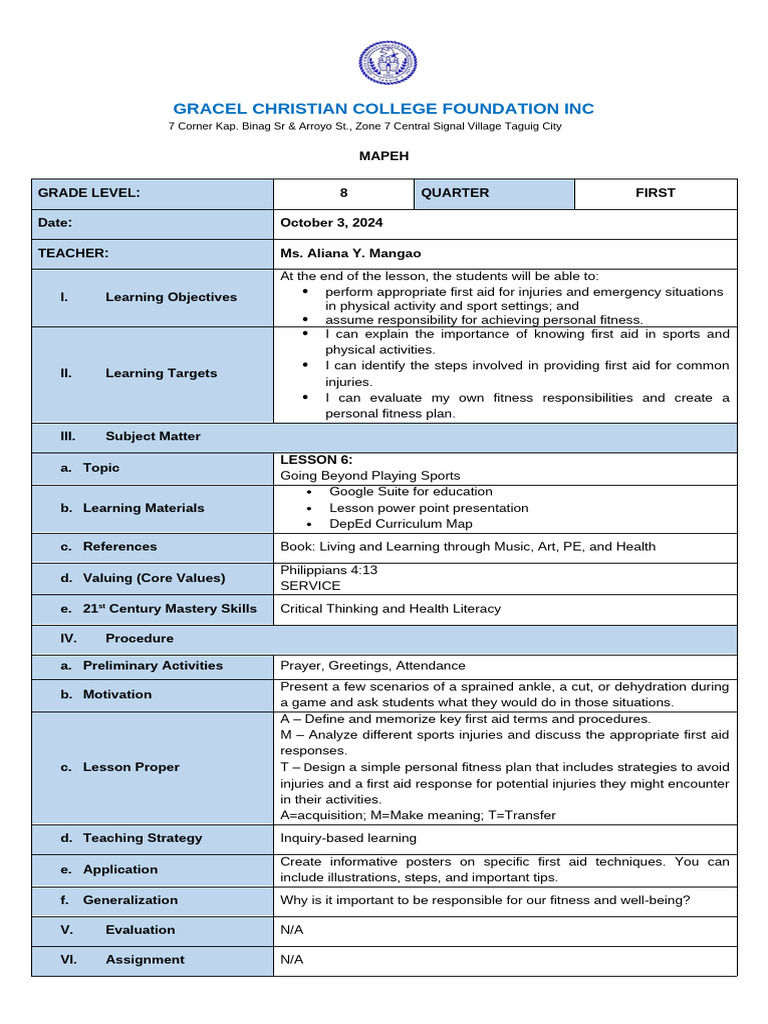 Lesson Plan 8 Pe (Oct 3) | PDF