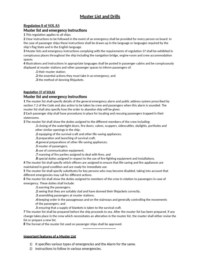 Notes On Muster List and Drills | PDF