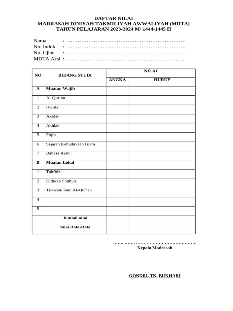 Daftar Nilai Ujian Khatam Belakang Ijazah Mda Al Ikhlas 2024 | PDF