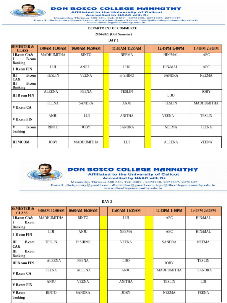 COMMERCE DBC TIME TABLE 2024 -2025 | PDF