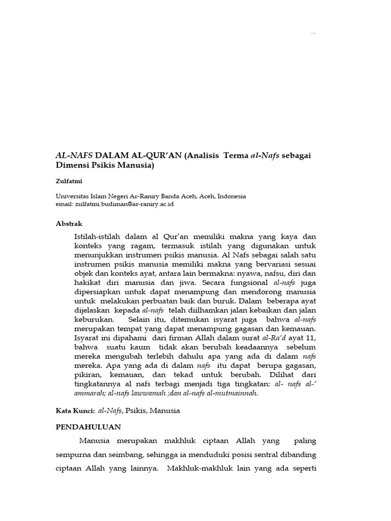AL-NAFS DALAM AL-QUR'AN (Analisis Terma Al-Nafs Sebagai Dimensi Psikis ...