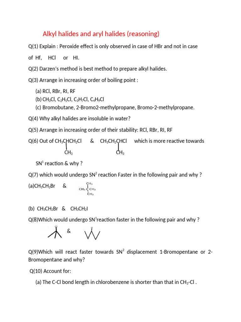 Alkyl and Aryl Halides Reasoning | PDF | Organic Chemistry | Science ...
