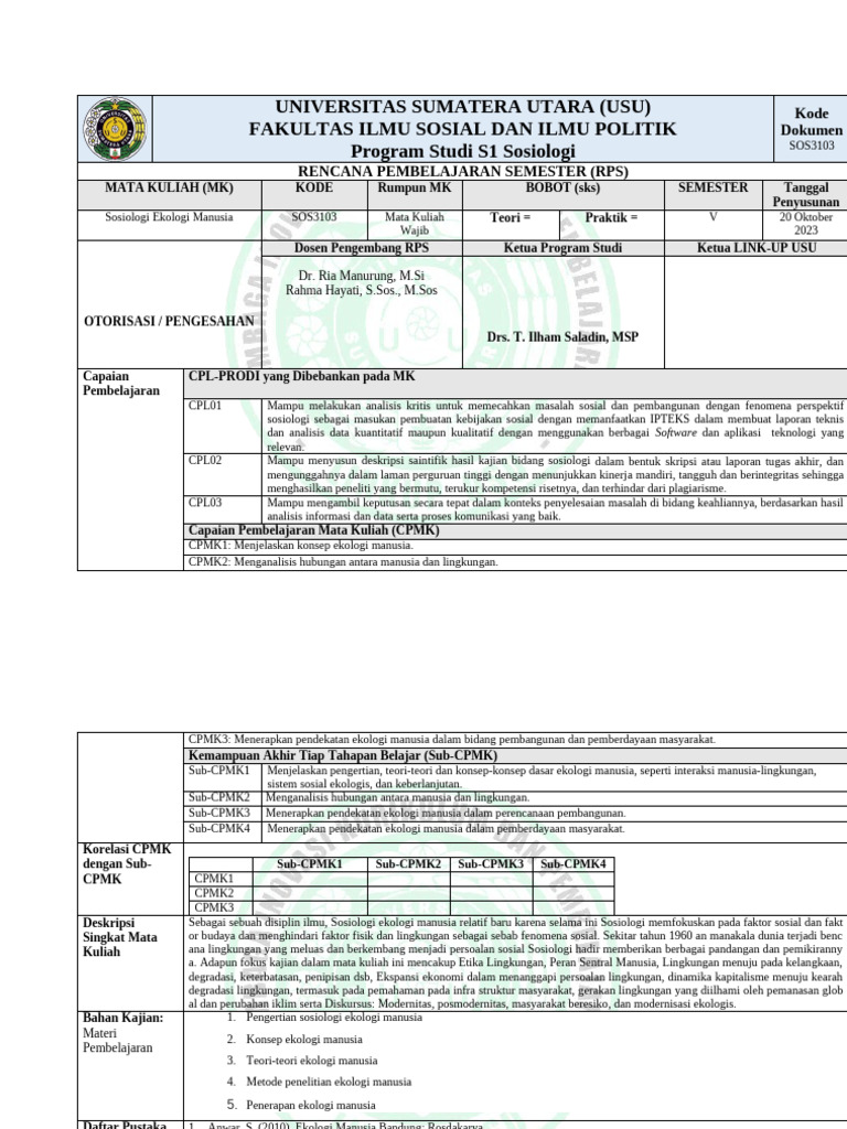 RPS Sosiologi Ekologi Sesuai Template | PDF