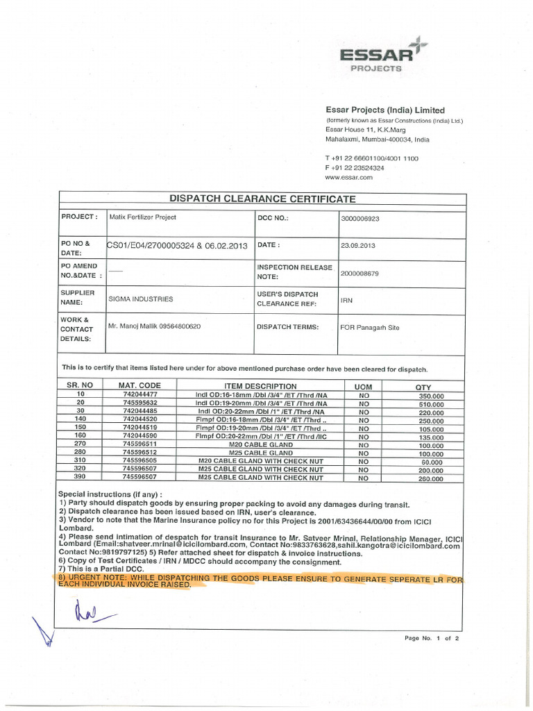 Sigma D.C.C. For P.O. No. 5324 (Part) | PDF