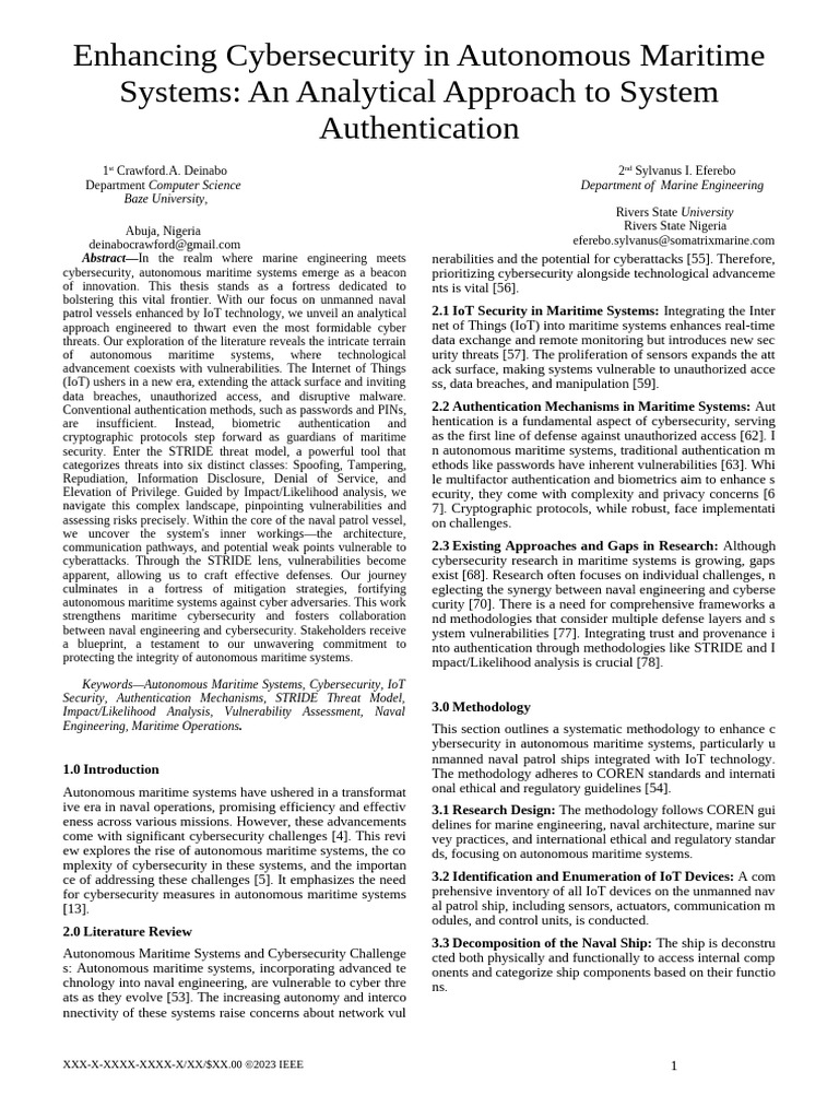 Enhancing Cybersecurityin Autonomous Maritime Systems An Analytical Approachto System ...