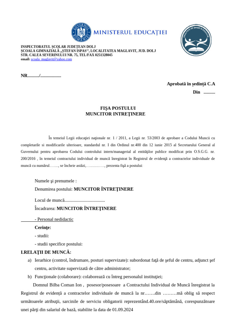 11 - Fisa - Post - Muncitor - Intretinere Bilba | PDF
