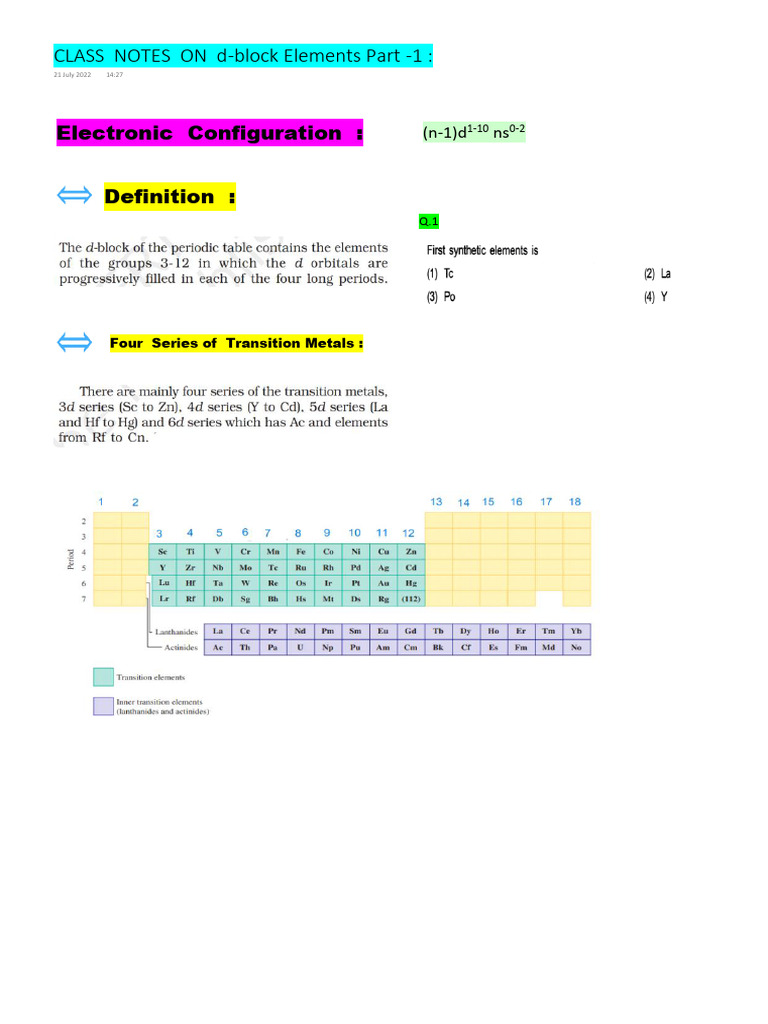 CLASS NOTES ON D-Block Elements Part - 1 | PDF