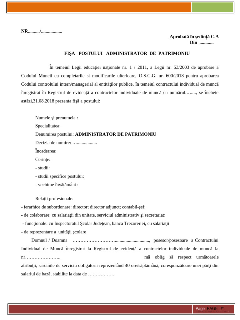 Fisa Post Administrator de Patrimoniu | PDF
