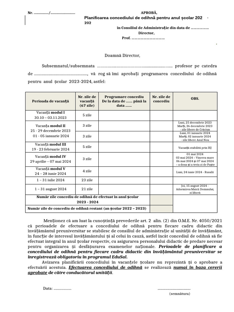 ! Cerere Programare Concediu 2023 - 2024 | PDF