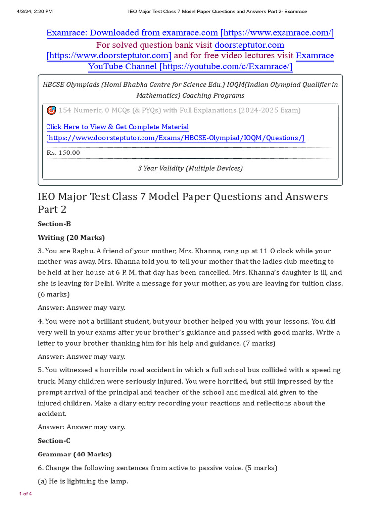 IEO Class 7 Model Paper Answers | PDF | Syntax | Semantic Units