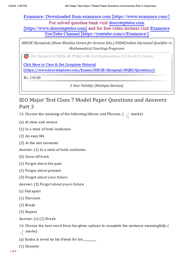 IEO Class 7 Model Paper Part 3 | PDF | Multiple Choice