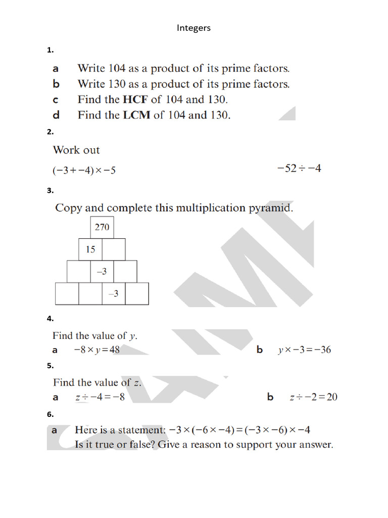 Integers Revision | PDF