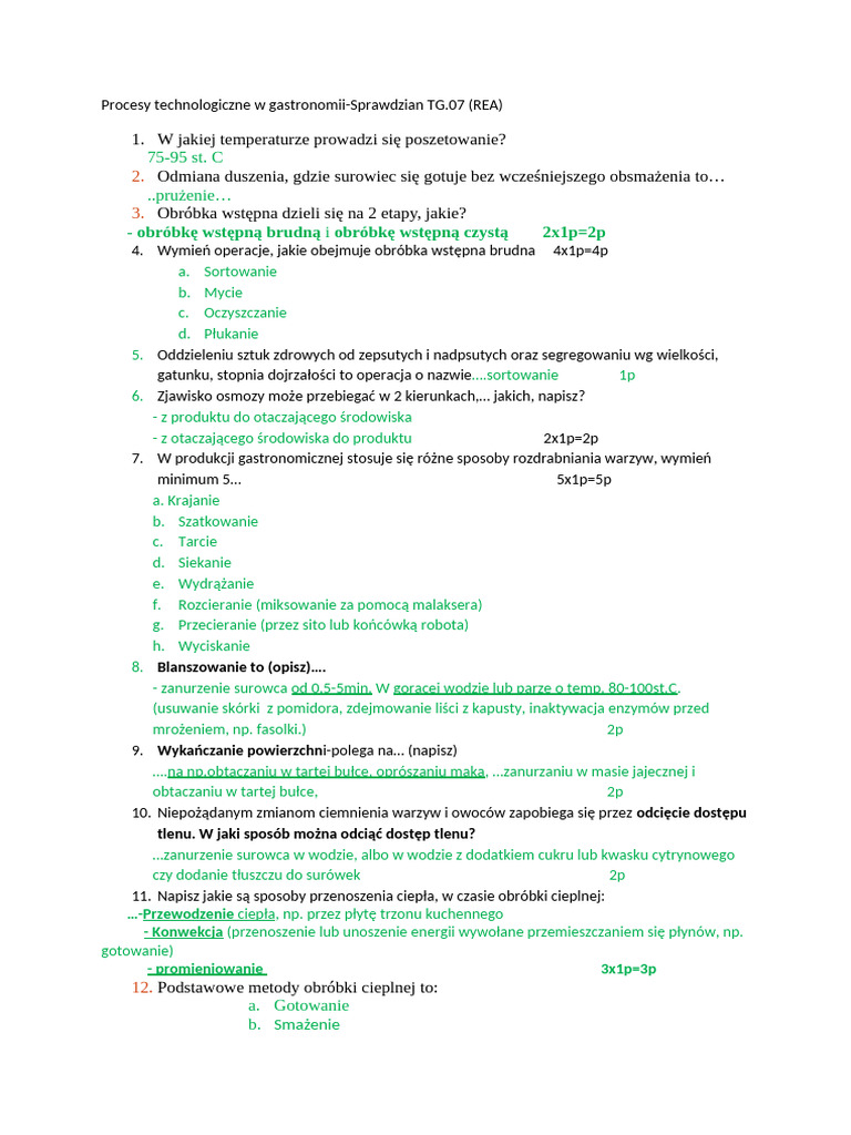 Procesy Technologiczne W Gastr.-Spr. TG.07-z Odpowiedziami - Kopia - Kopia | PDF