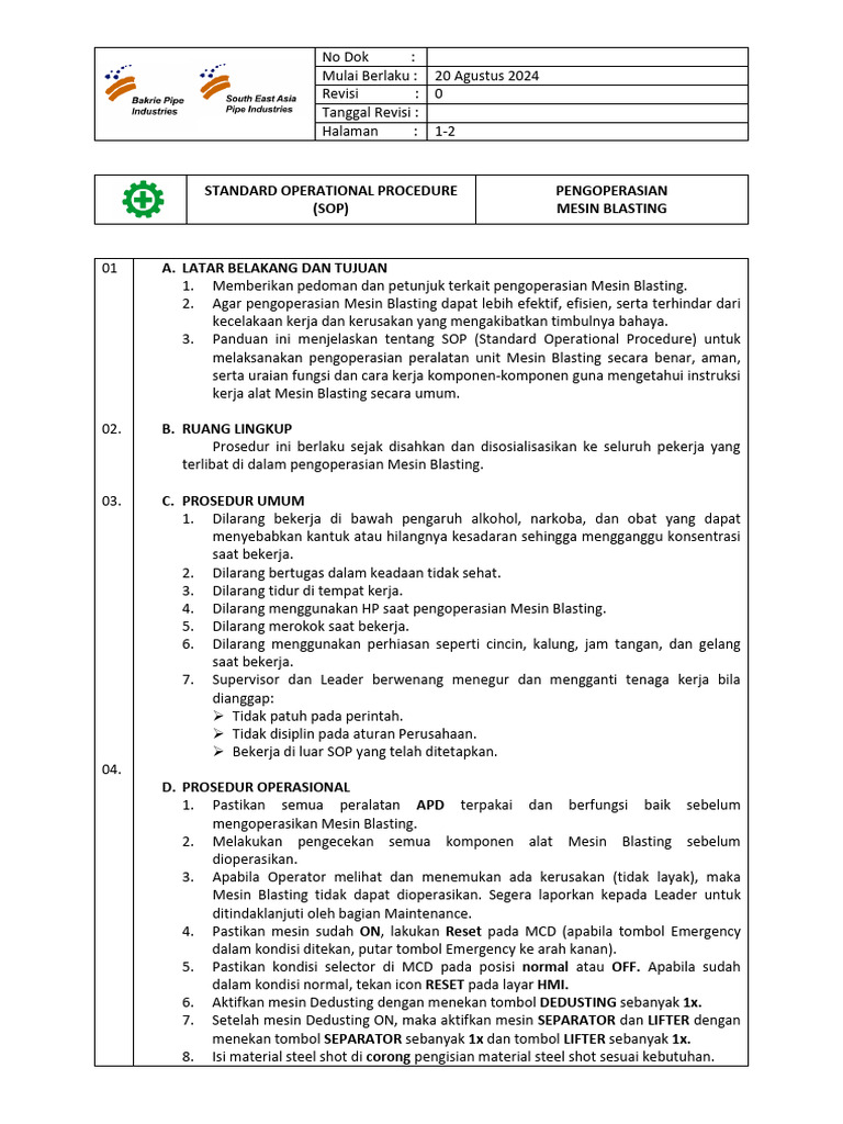Sop Mesin Blasting | PDF