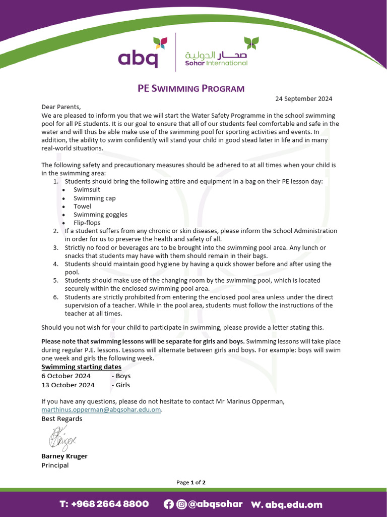 PE Swimming Letter 2024-2025 | PDF