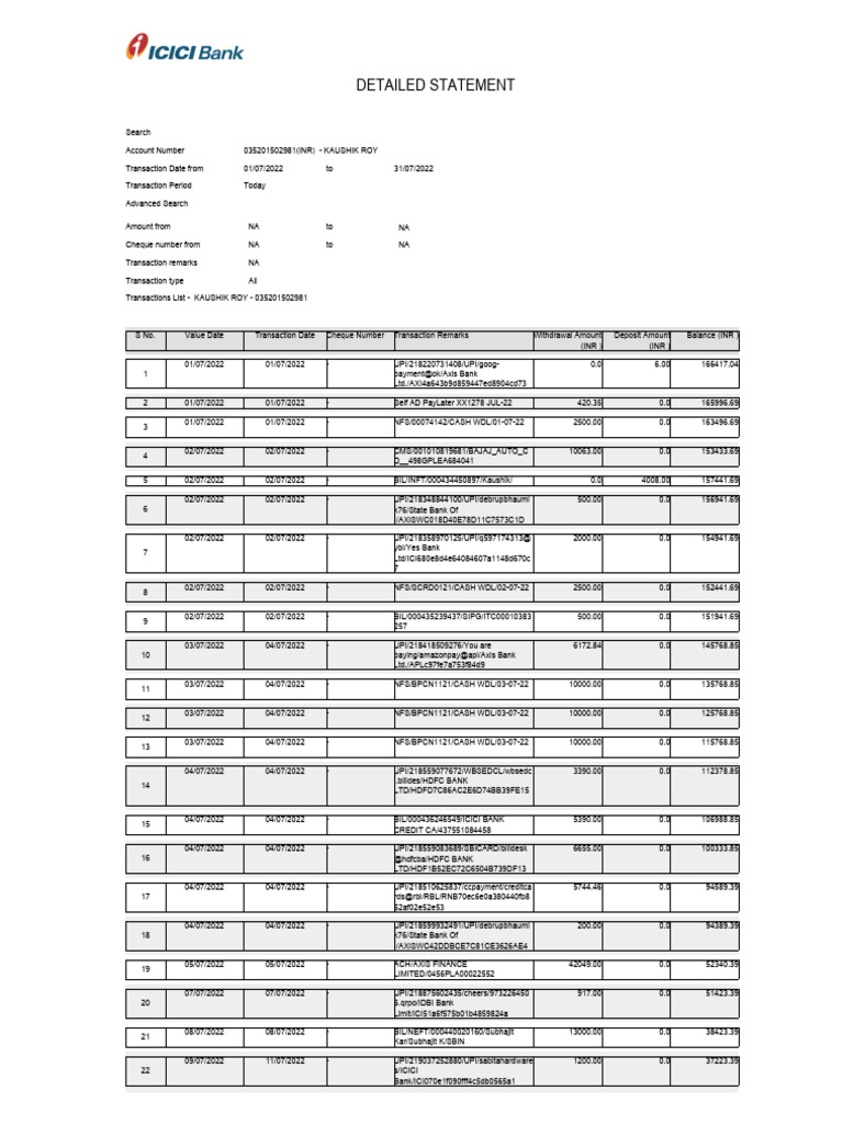 ICICI Bank Statement July22 Bonus | PDF