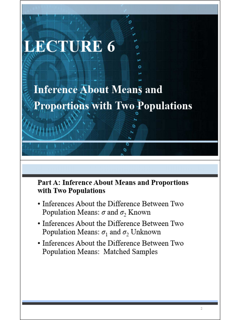Lecture 6 - Inference About Means and Proportions | PDF