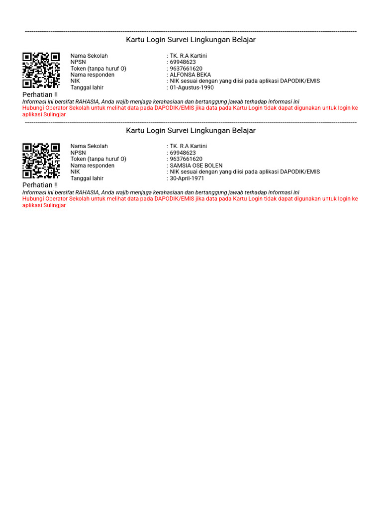 KARTU LOGIN_TK RA KARTINI | PDF