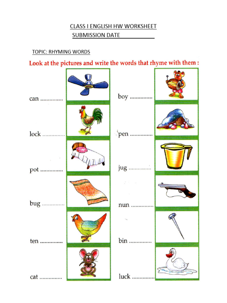 CBSE Class 1 English Worksheets (59) - Rhyming Words | PDF