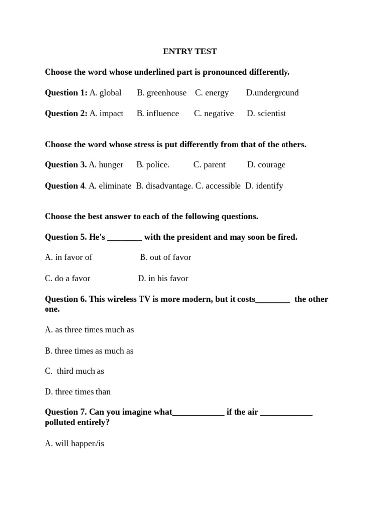 ENTRY TEST Grade 10 by Q | PDF