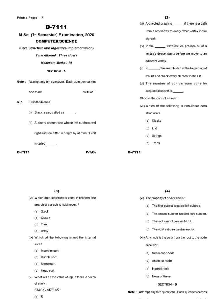 Msc 1 Sem Cs Data Structure and Algorithm Implementation d 7111 2020 | PDF Msc 1 Sem Cs Data Structure and Algorithm Implementation d 7111 2020 | PDF