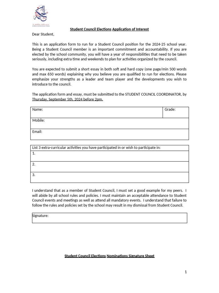 HS - Student Council Application 2024-2025 | PDF