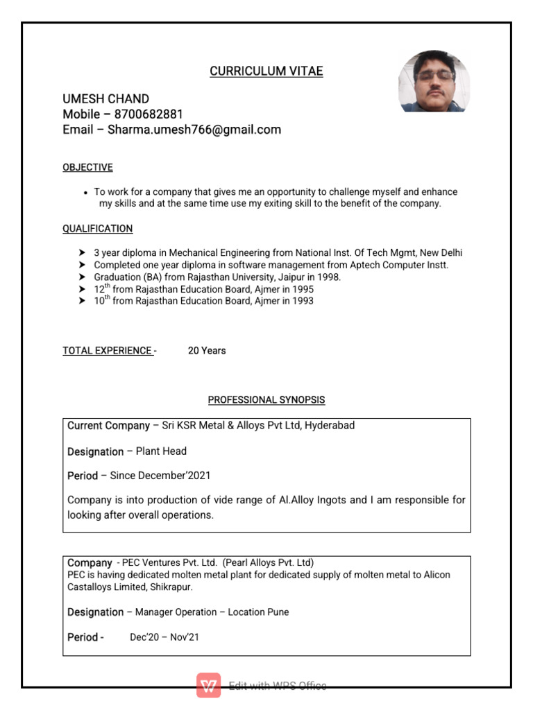 5.10 Umesh Sharma Resume - Ame | PDF