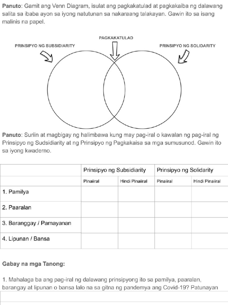 Activity Sheets On Subsidiarity and Solidarity | PDF