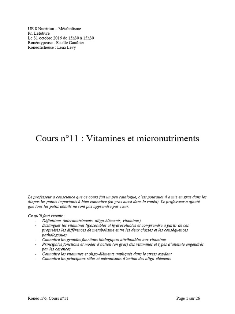2a p2 Ue8 Cours 11 Vitamines Et Micronutriments Roneo | PDF