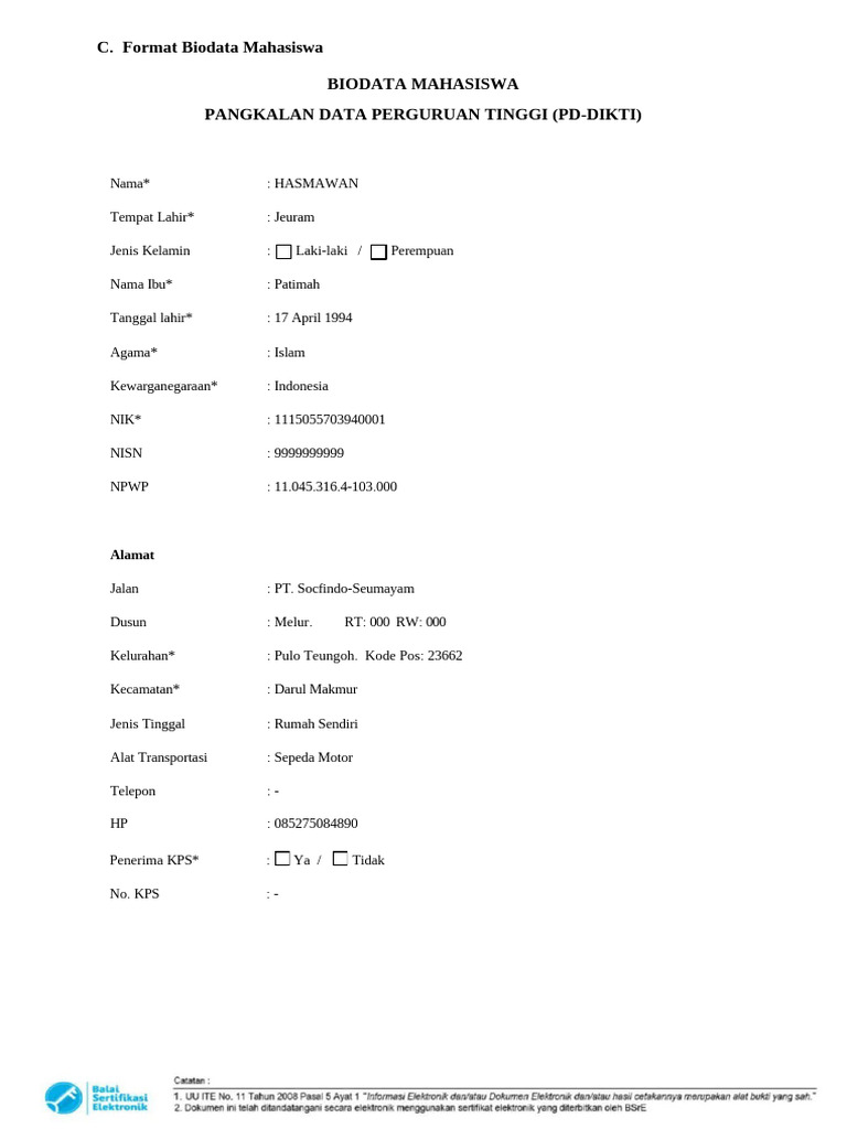 Format Biodata Mahasiswa | PDF